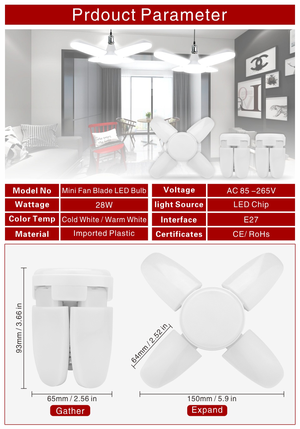 Got Liang Mini LED E27 Folding Fan Bulb 28W LED Light Bulb AC 110V 220V ...