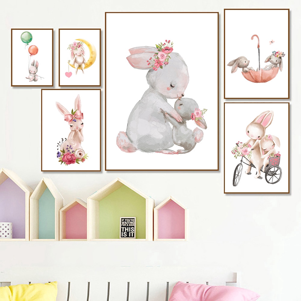 Baby Rabbit Canvas Painting Animal Print Pink Balloon Flower Poster ...