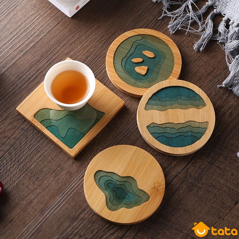 【New】 Creative epoxy resin transparent bamboo round tea coaster cup ...