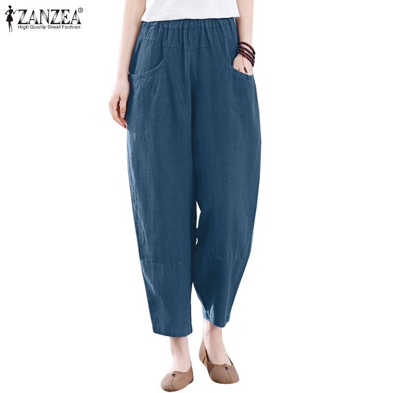 Zanzea Women Pure Cotton Solid Color Side Pockets Elastic Waist Pants
