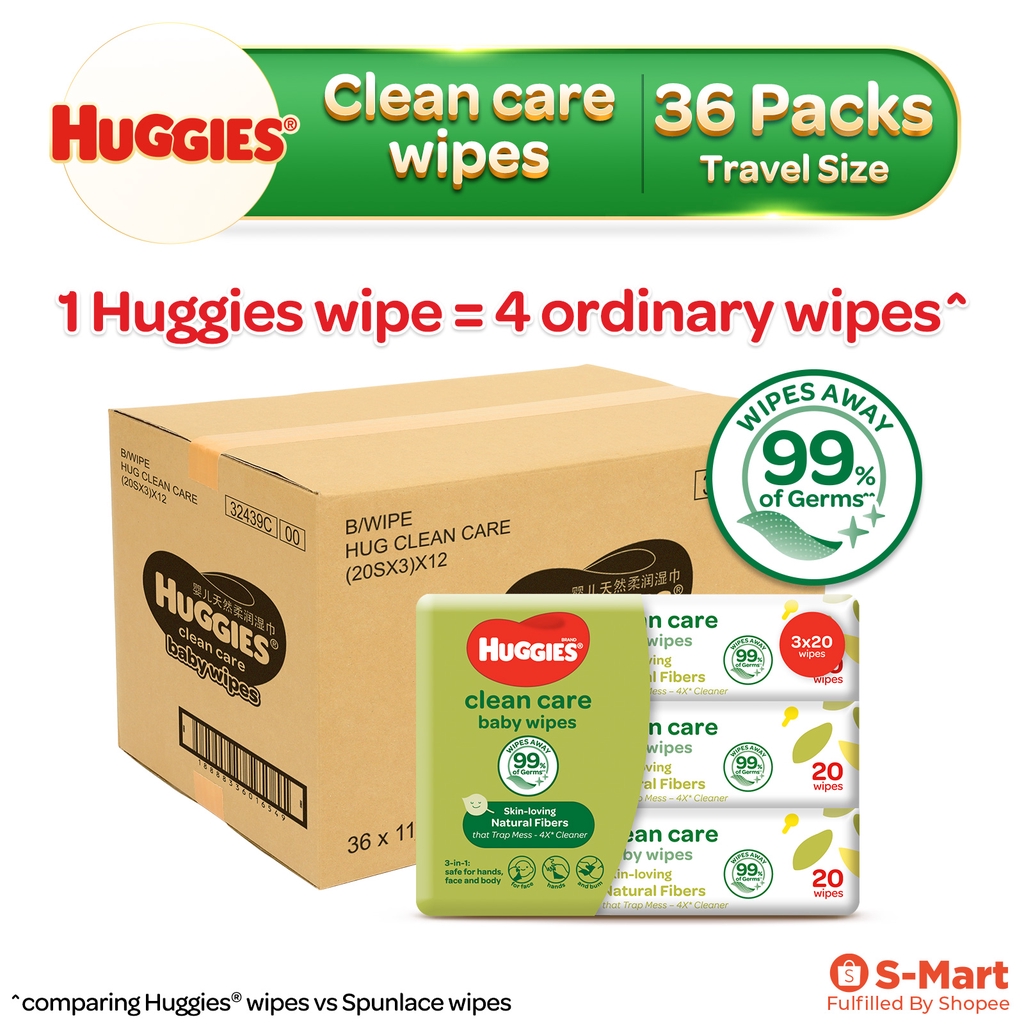 [1 Carton] Huggies Clean Care Baby Wipes Travel Pack (12x3packs ...