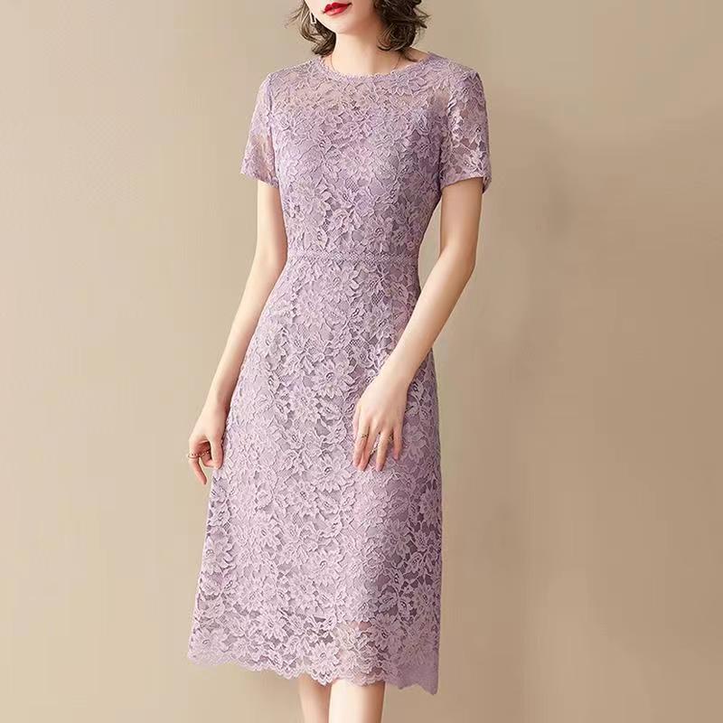 High End Lace Dress Summer Short Sleeve High Waist Plus Size Elegant