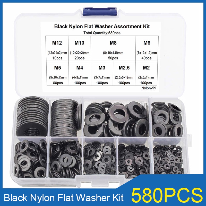 580PCS Black Nylon Flat Washer Assortment Kit M2 M2.5 M3 M4 M5 M6 M8 ...