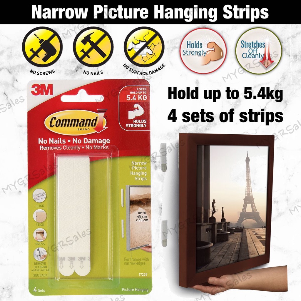 3M Command Narrow Picture Hanging Strips 17207 (Holds Up To 5.4kg) (4 sets/pck) Wall Adhesive ...