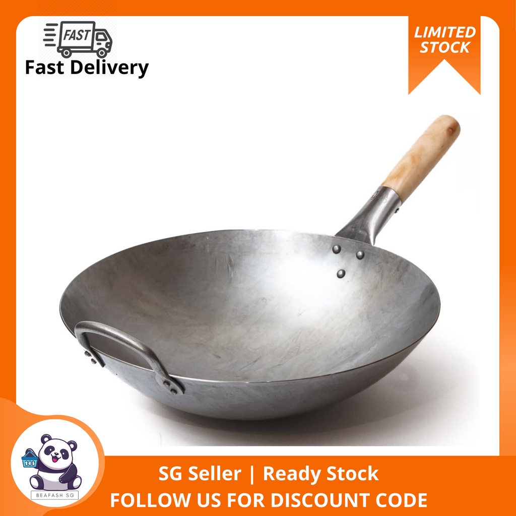 Craft Wok Traditional Hand Hammered Carbon Steel Pow Wok with Wooden ...
