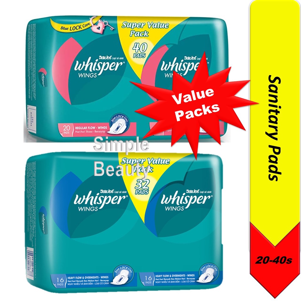 Whisper Sanitary Pads Regular / Heavy Flow Overnight, Wings / Non-Wing ...