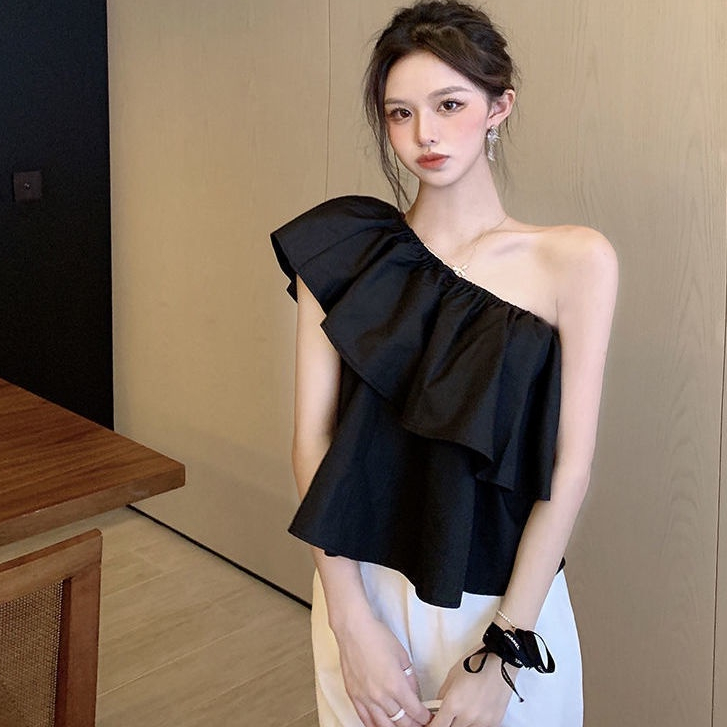 TIMO Ready Stock oblique shoulder off-shoulder top design Korean style ...