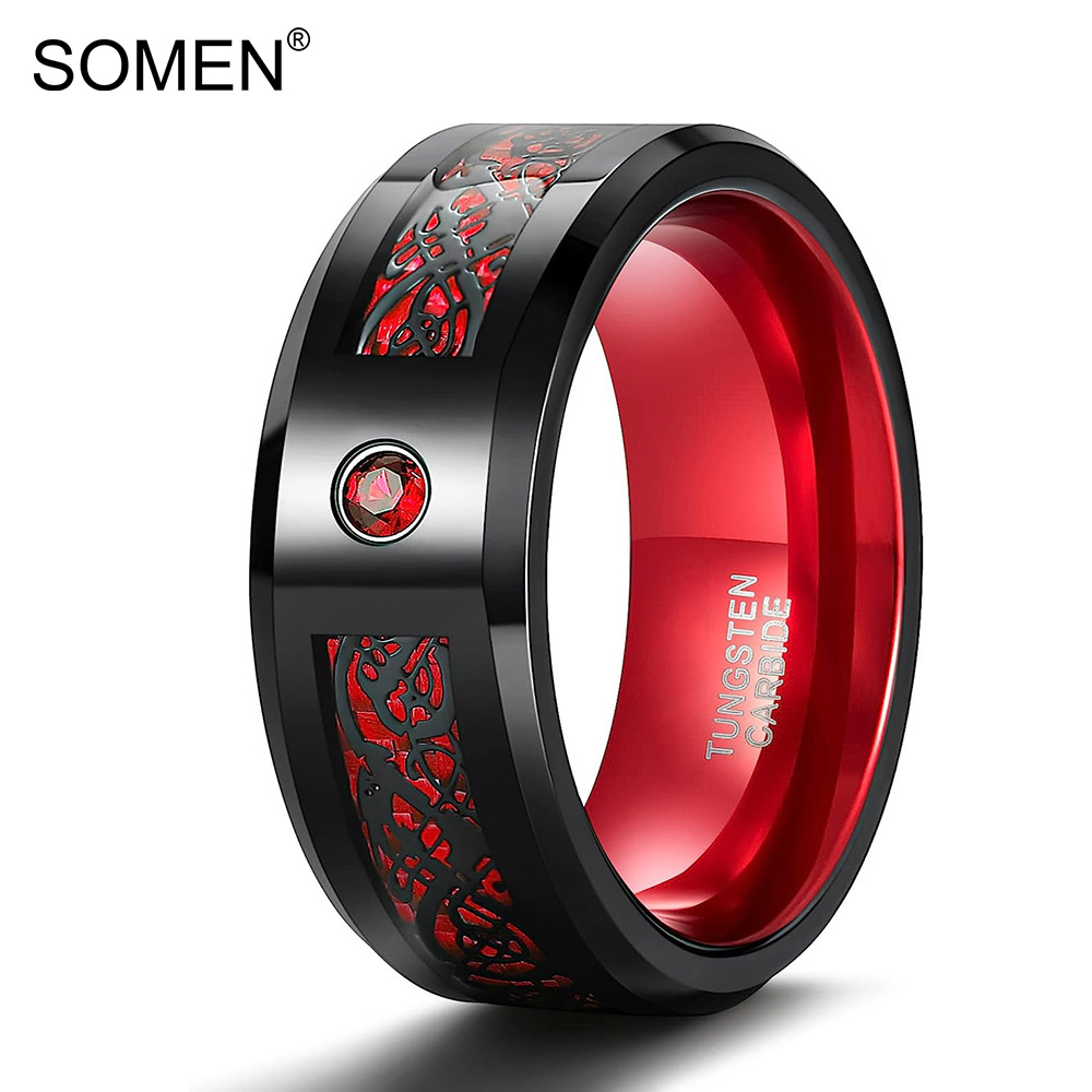 SOMEN 8MM Tungsten Rings for Men Black/Red Cubic Zirconia Eternity Ring ...
