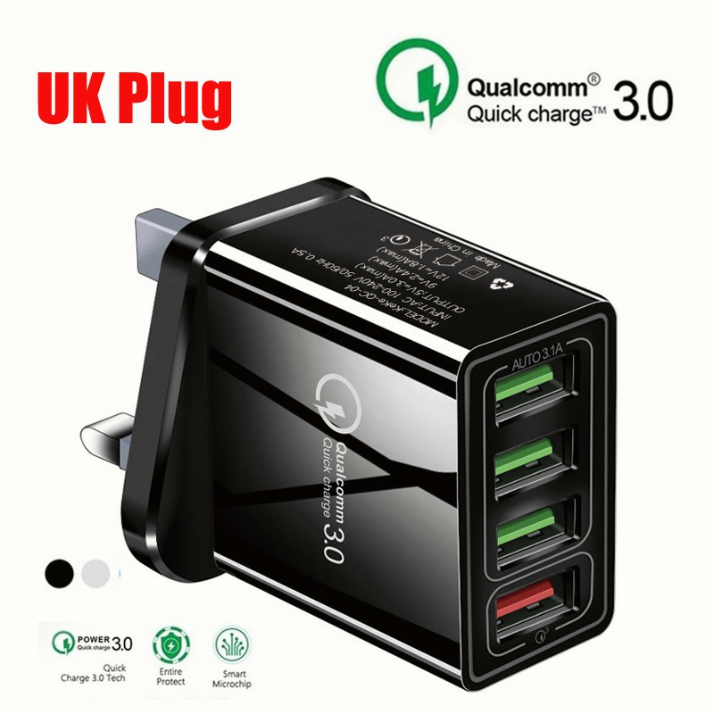 UK Plug Charger Adapter 4 in 1 USB Travel Wall Smart Mobile Phone 4 USB QC3.0 Charger Universal ...