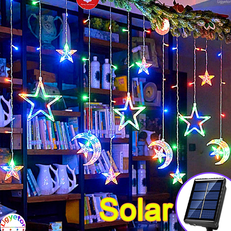 Ligyetor Raya Lampu Hari Raya Solar Moon Star Curtain Lights LED String ...