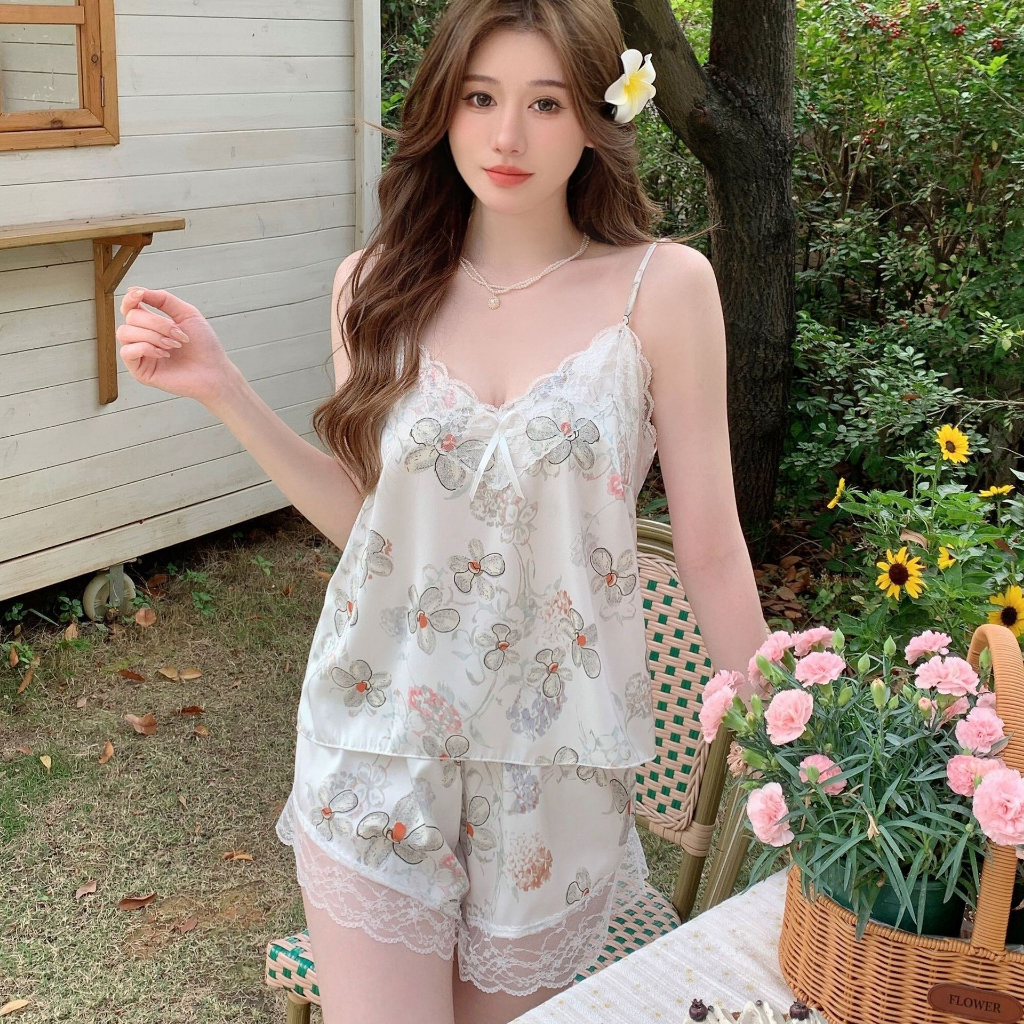 Ladies Sexy Silk Satin Pajama Set Lace Pyjama Set Print Sleepwear Set