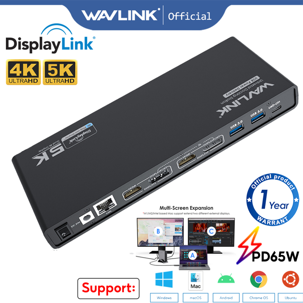 Wavlink USB C Dual 4K Displaylink Docking Station with 65W Charging Multiple Display HDMI ...