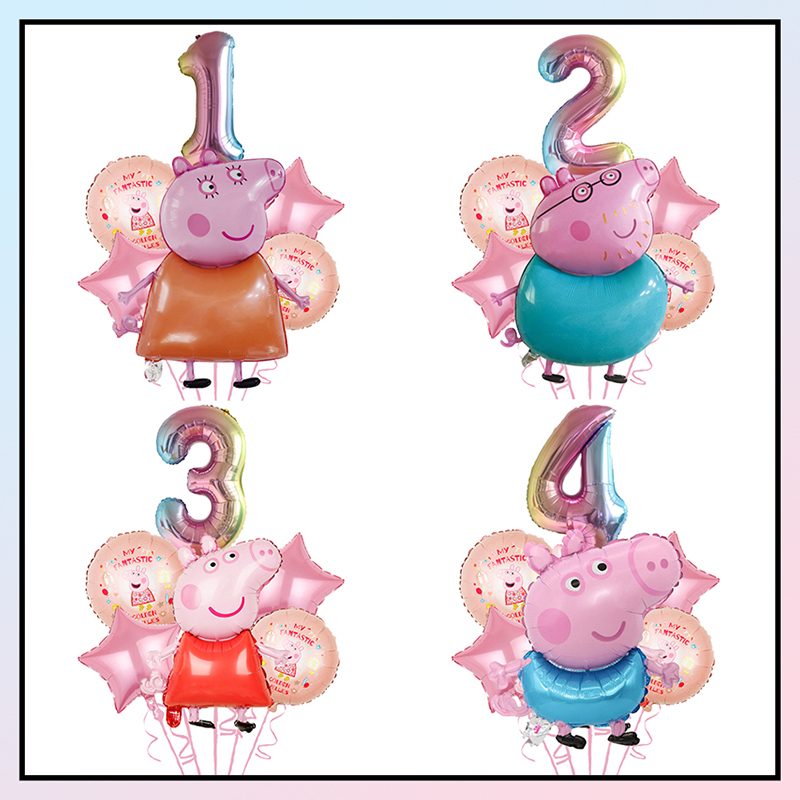 6pcs/set Pink Piglet Siblings Pig Family Balloons, Peppa Pig Balloons ...