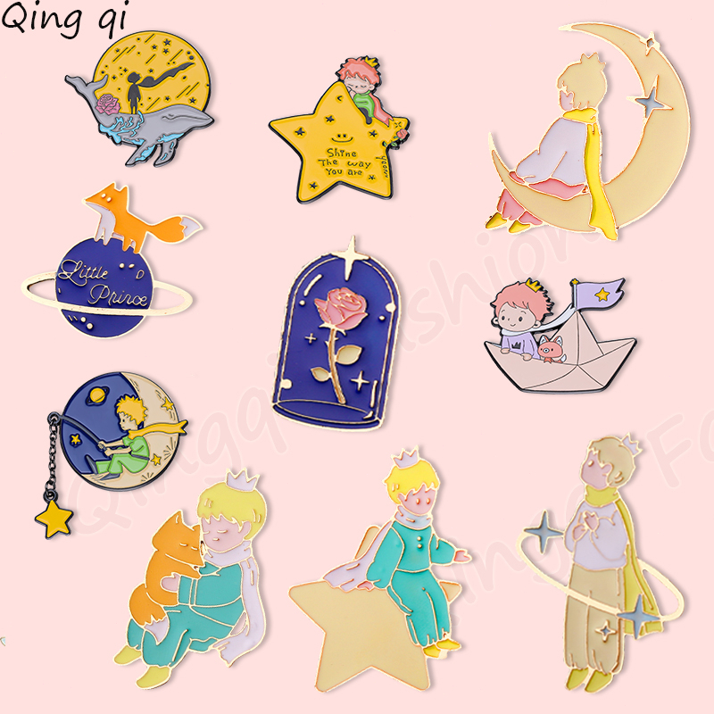 Little Prince Fox Rose Enamel Pins Cute Moon Star Paper Boat Whale ...