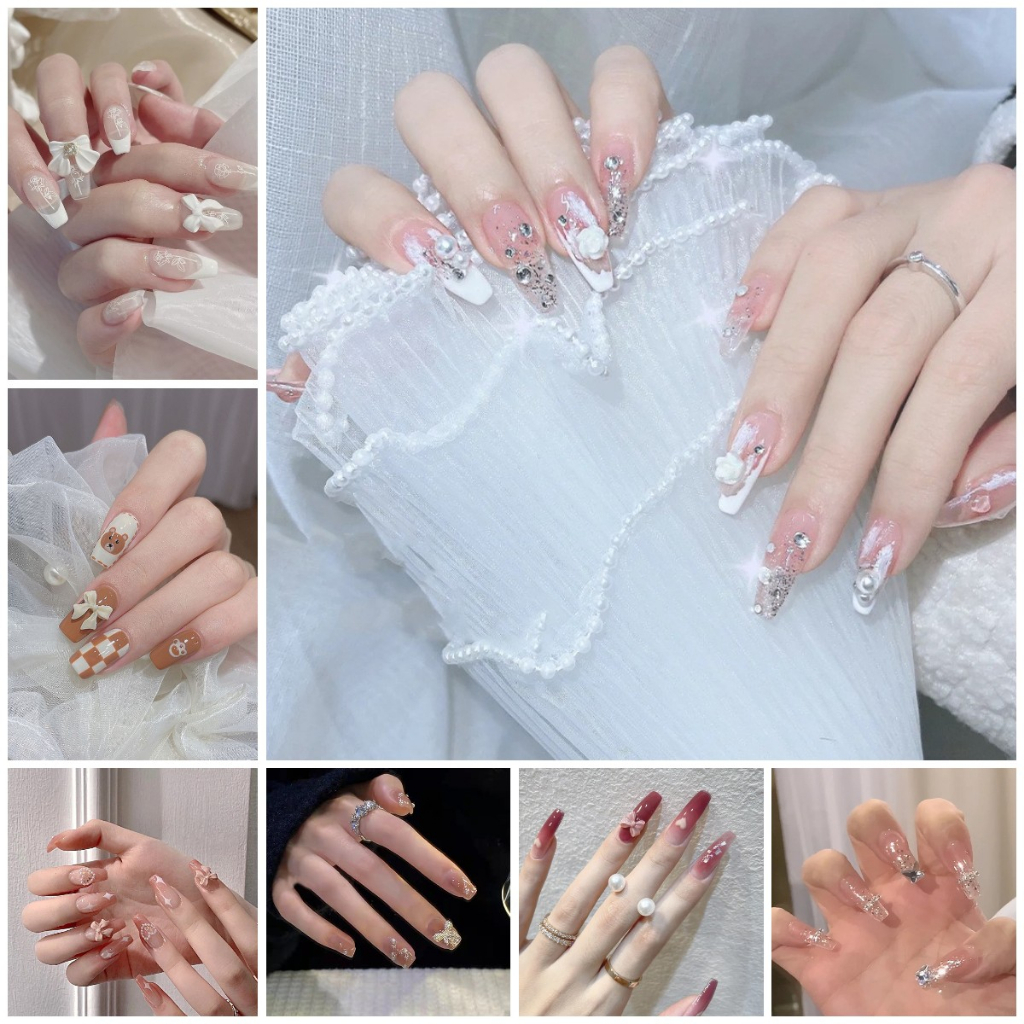 【24PCS+Glue】Crystal Flower Fake Nails Set Diamonds False Nails With ...