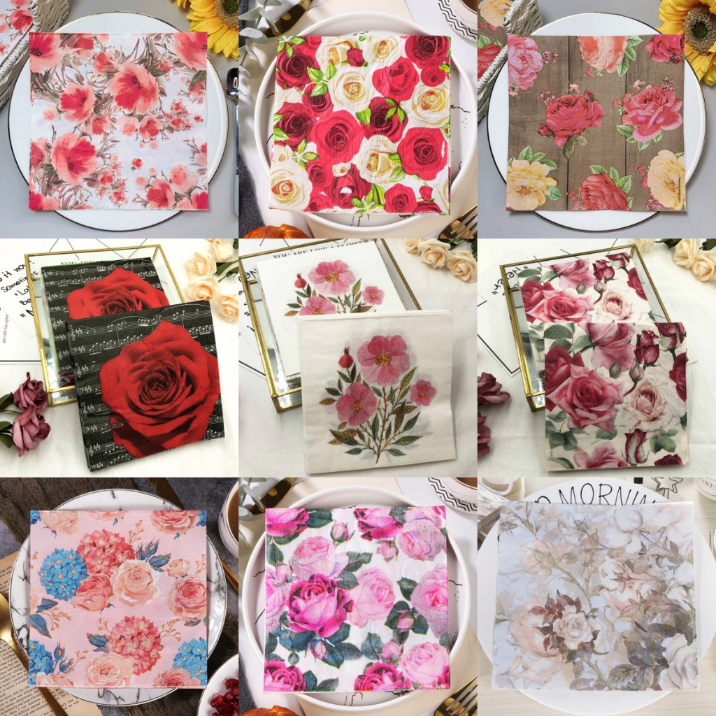 【16 Styles】20Pcs Printed Feature Rose Paper Napkins For Party ...