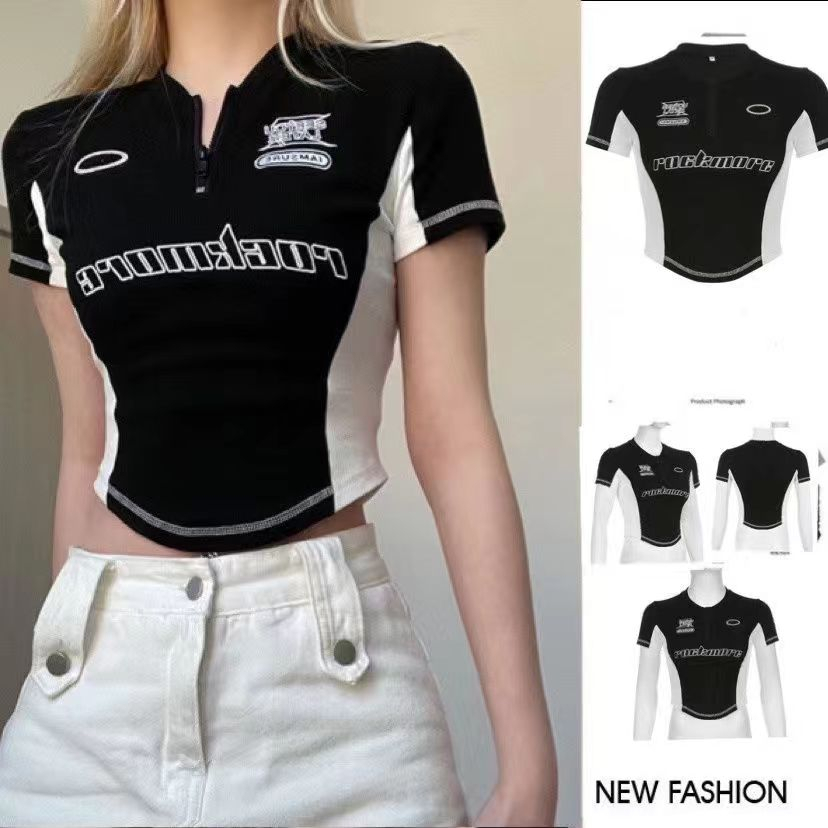 Y2K crop top women Motorcycle Zipper Half Open Collar Print Top Women's ...