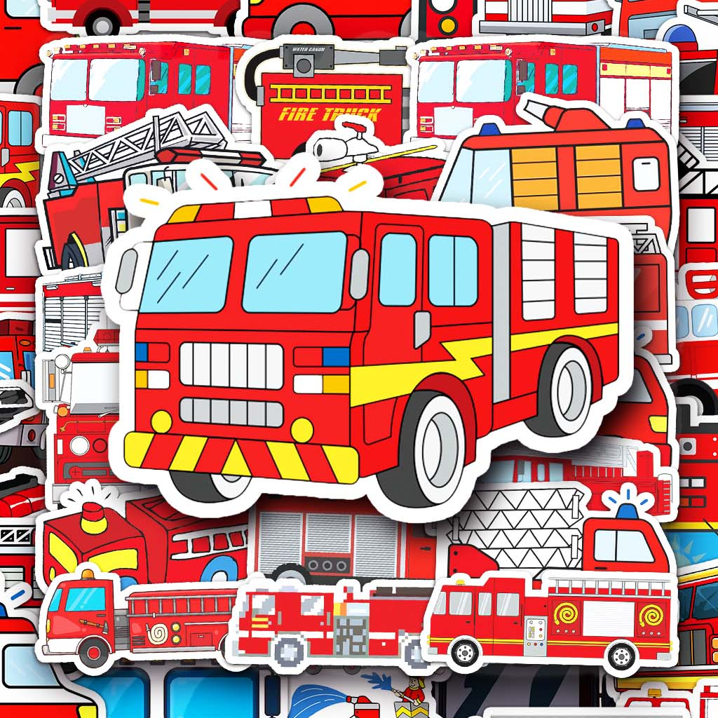 50Pcs Cartoon Cute Fire Engine Cartoon Waterproof Sticker Skateboarding ...