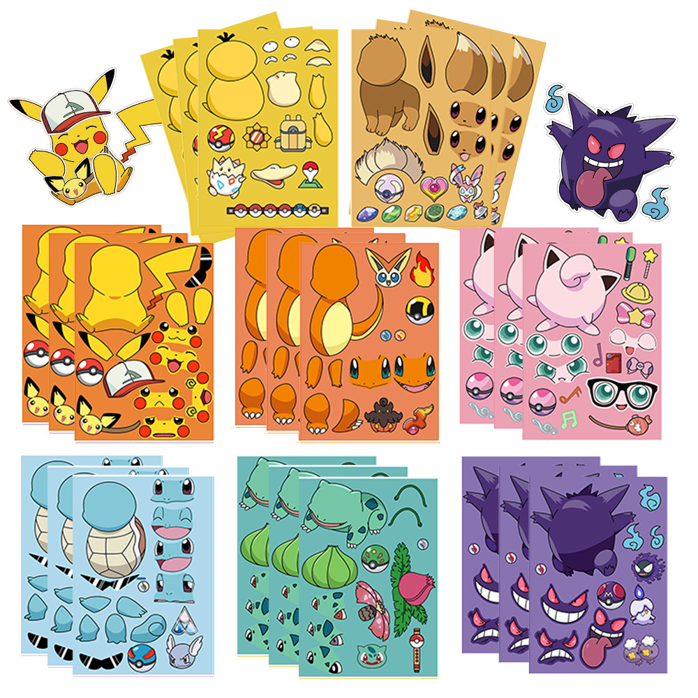 8Sheets Pokemon Make a Face Puzzle Stickers Books Waterproof DIY Make ...