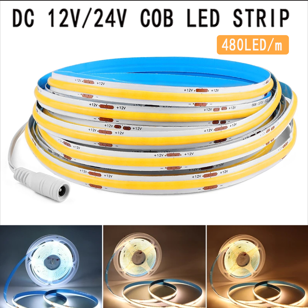 COB LED Strip Lights 12V 24V 5M 4M 3M 2M 1M 480LEDs/M High Density Flexible LED Tape 3000K 4000K ...