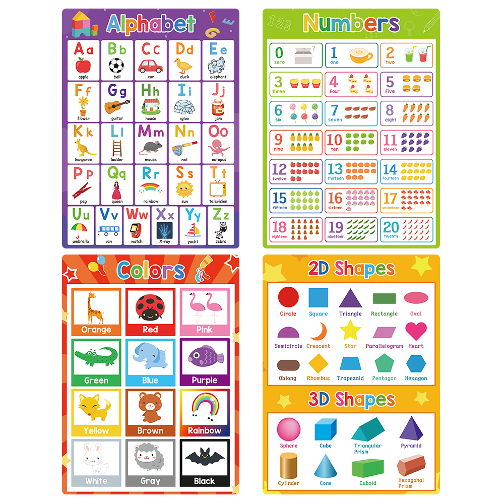 4pcs/set Children English Posters Numbers Alphabet Color Shape Numbers ...