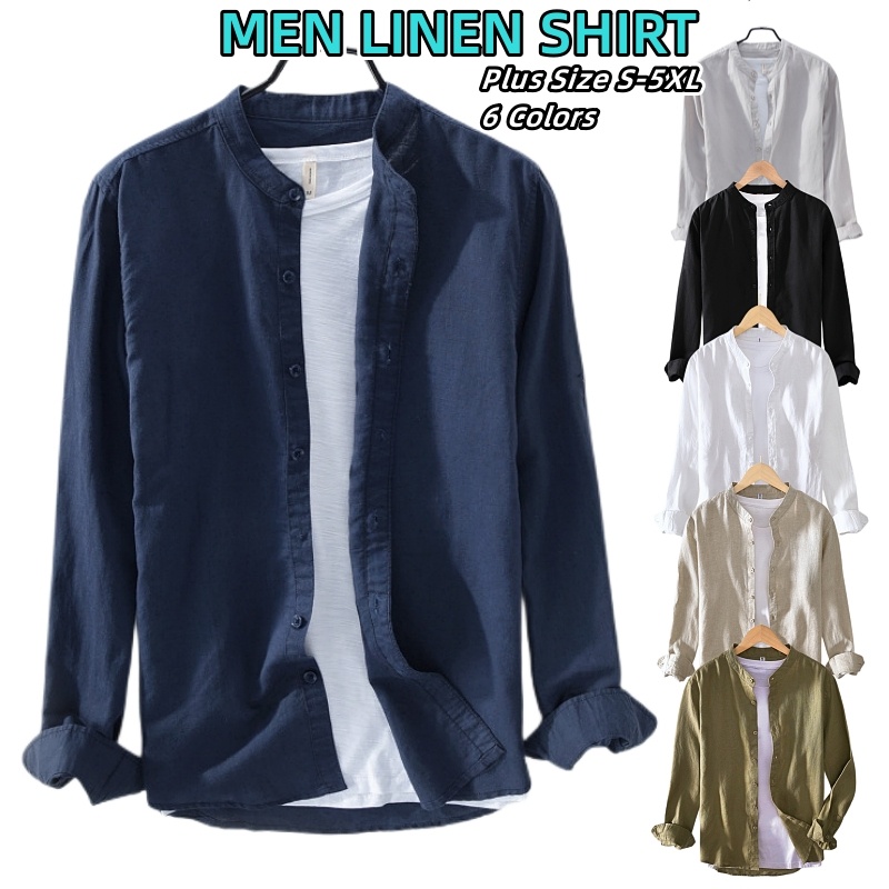 Men's Cotton Linen Shirts Kurta Plain Long Sleeve Shirt Loose Tops ...