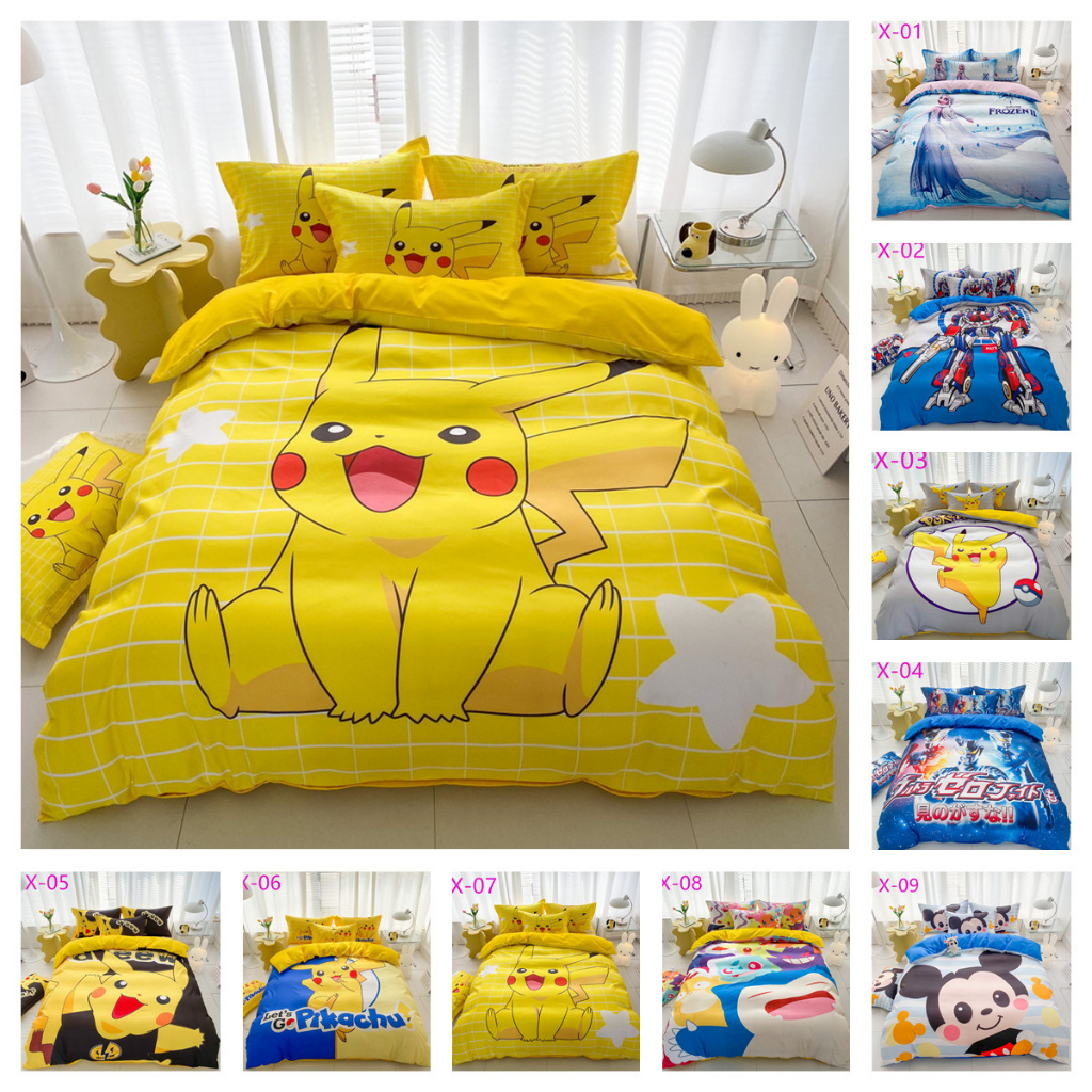 Cartoon Pikachu mattress cover 100% cotton 4in1 Solid Color Bed Sheet ...