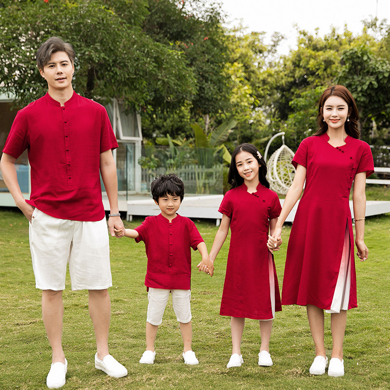 Red Cotton Linen Chinese Style Tang Suit Hanfu Dad Mom Daughter Son ...