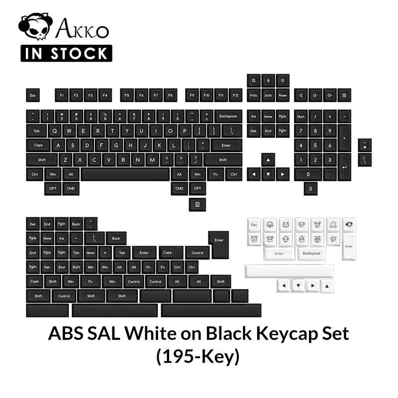 Akko White-on-Black Full Keycap Set, SAL Profile, 195-key ABS Key Caps ...