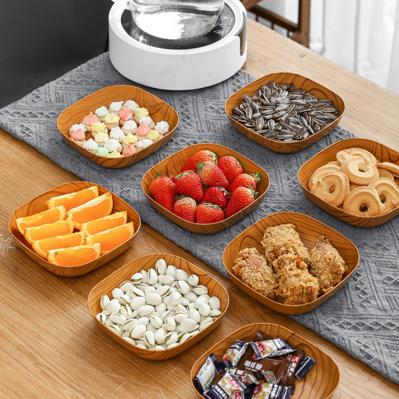 Wood Grain Plastic Snacks Fruit Plate Square Salad Bowl Creative Spit ...