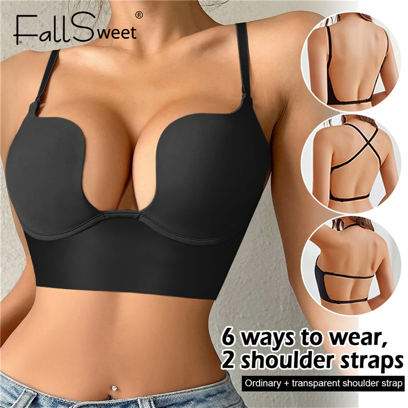 FallSweet Women's Deep U Multi-Way Backless Bra Invisible Push Up Brassier Sexy Thick Cup Anti ...