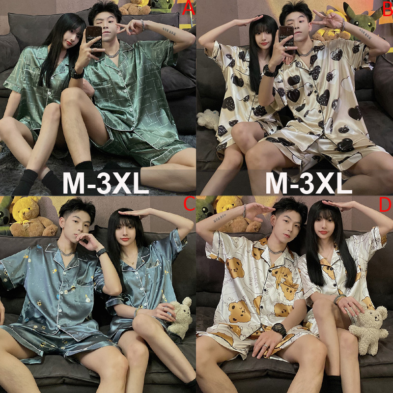 Korean Fashion Men Women Silk Satin Short Sleeve Pyjamas Set Baju Tidur ...