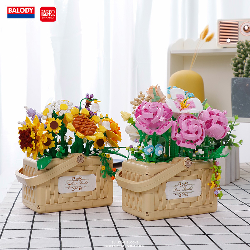 Balody New Rose Building Blocks Flower Basket and Vase Series Assembled ...