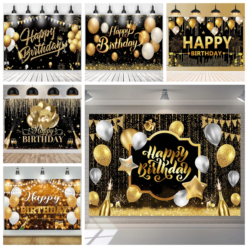 Gold Glitter Happy Birthday Party Backdrop For Photo Black Adult 18 20 ...