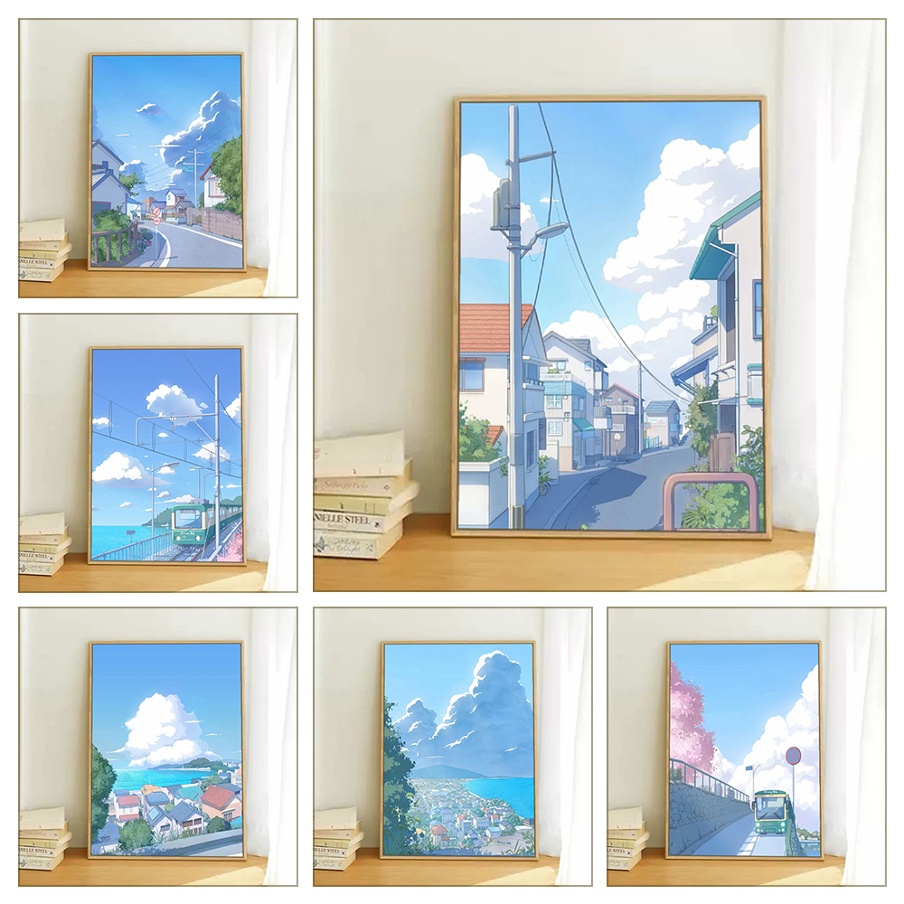[ORFON] Paint by numbers 40*50 cm DIY frame hand-painted healing simple blue sky and white ...
