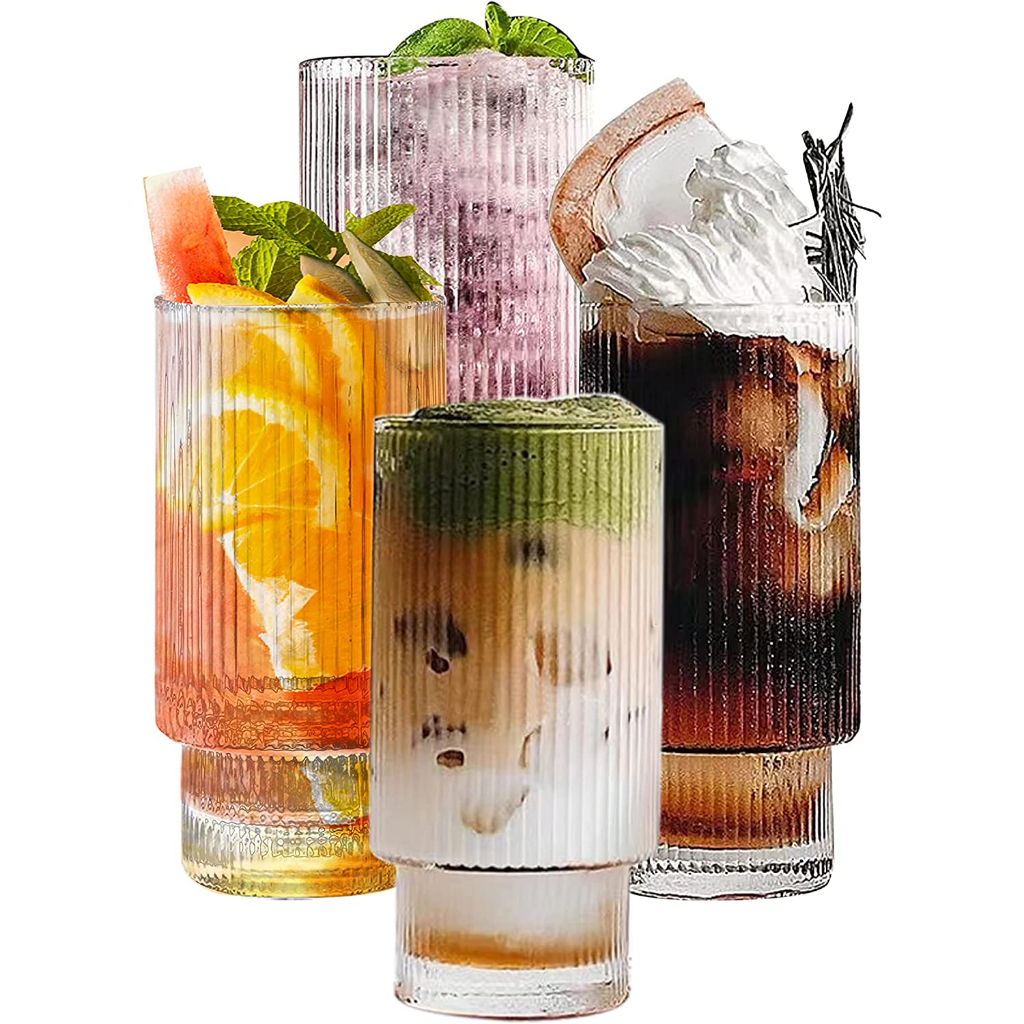 Ribbed Glassware Set Of 4 Drinking Glasses 350ML Stackable Ribbed Glass ...
