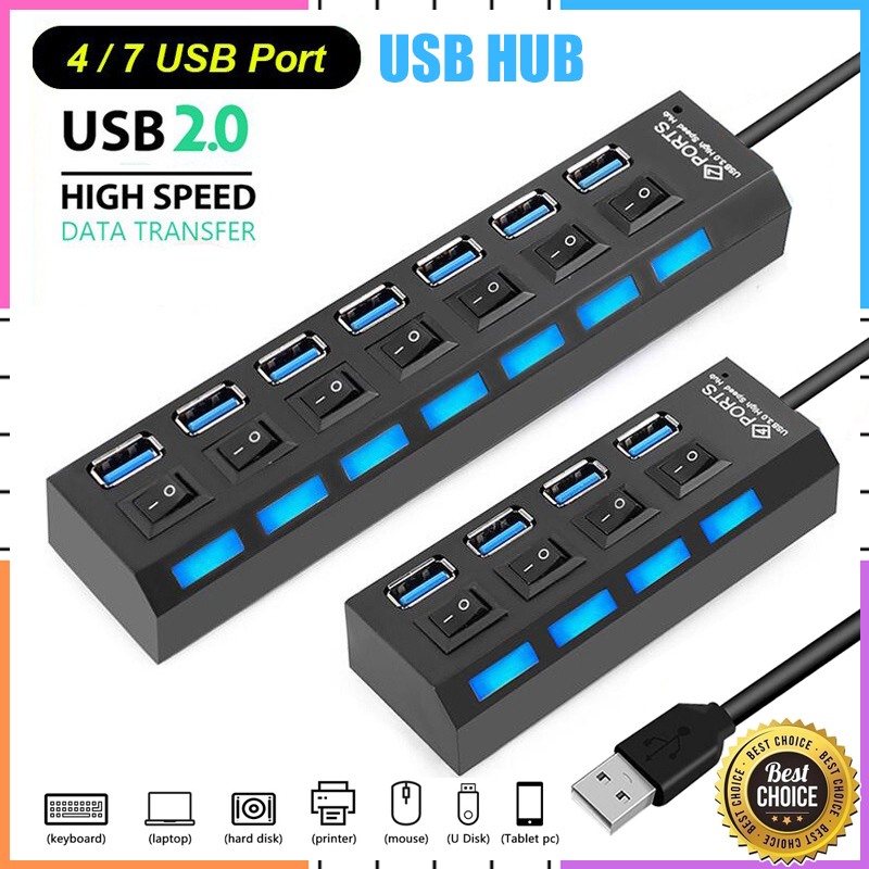 【Ready Stock】7-Port HUBs High Speed USB Multi HUB Splitter Expansion ...