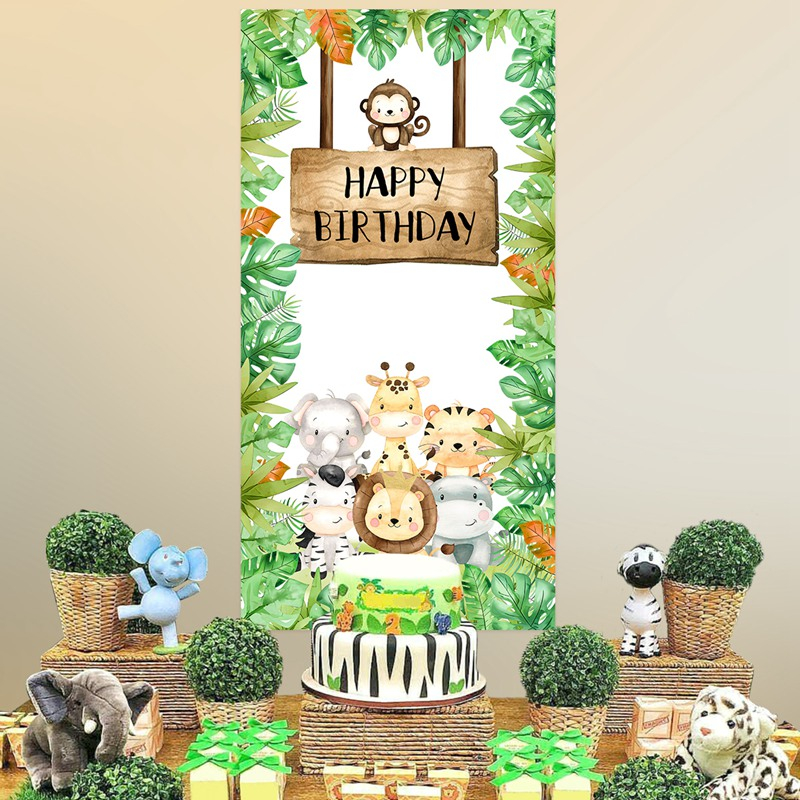 Safari Theme Polyester Happy Birthday Backdrop Curtain Photobooth ...