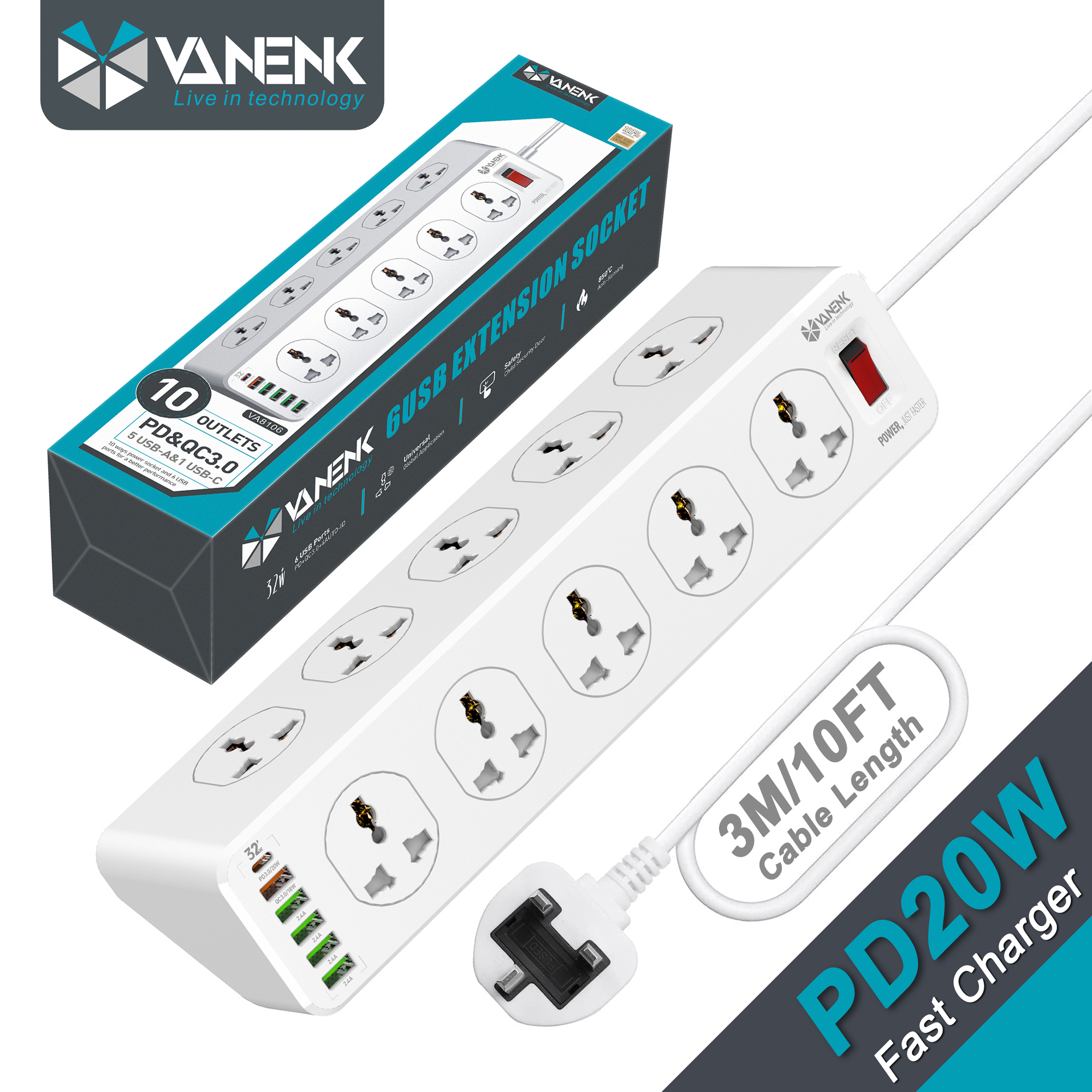 10 Way/Gangs QC3.0 & PD Quick Charge USB Power Extension Cord with USB ...