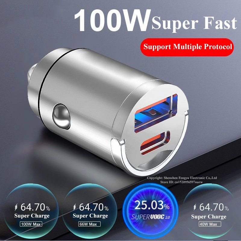 100W USB Car Charger Fast Charging QC3.0 Mini Type C Car Phone Chargers ...