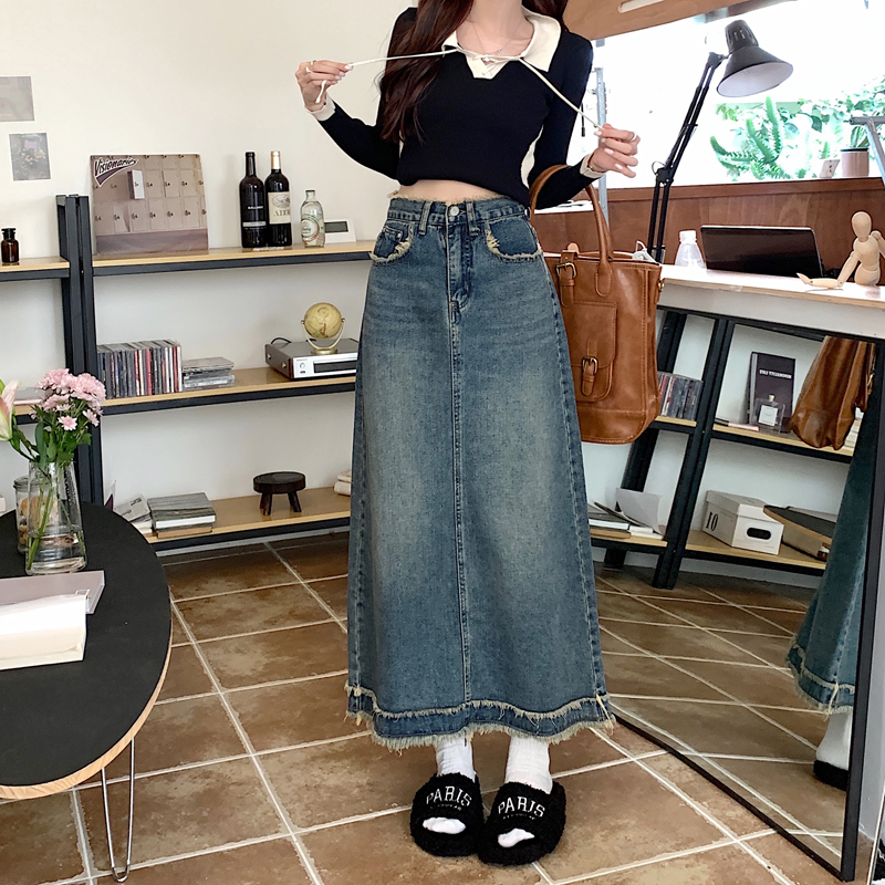 Korean Women Ladies Denim Skirt Jeans Maxi Long Skirts High Waist Slim