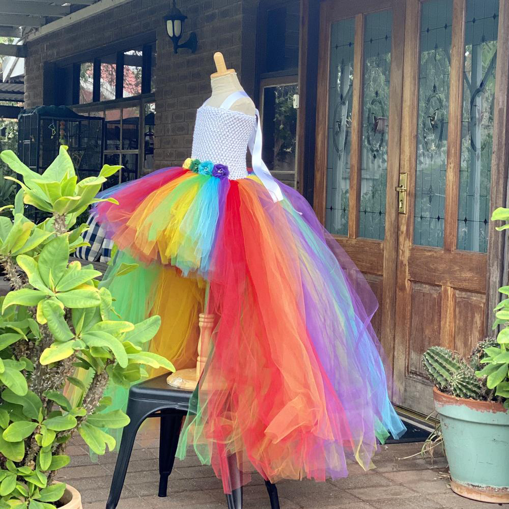 Baby Girls Rainbow Trailing Tutu Dress Kids Crochet Flower Tulle Dress ...