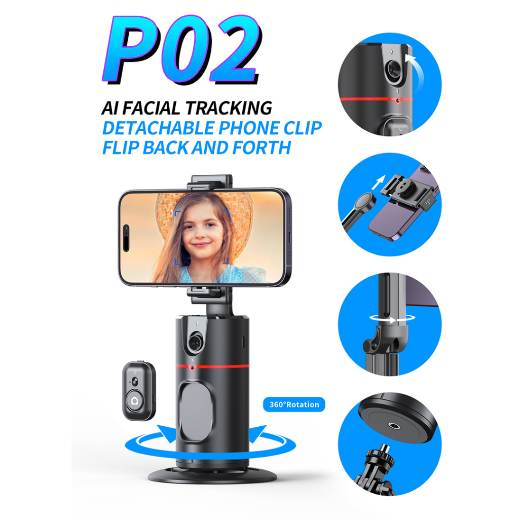 P02 Intelligent 360 Follow Camera Pan and Tilt Detachable Phone Clip Auto Face Tracking Phone ...