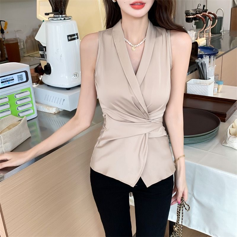 [Mall] French Satin Champagne Color High-End Sleeveless Shirt Women ...