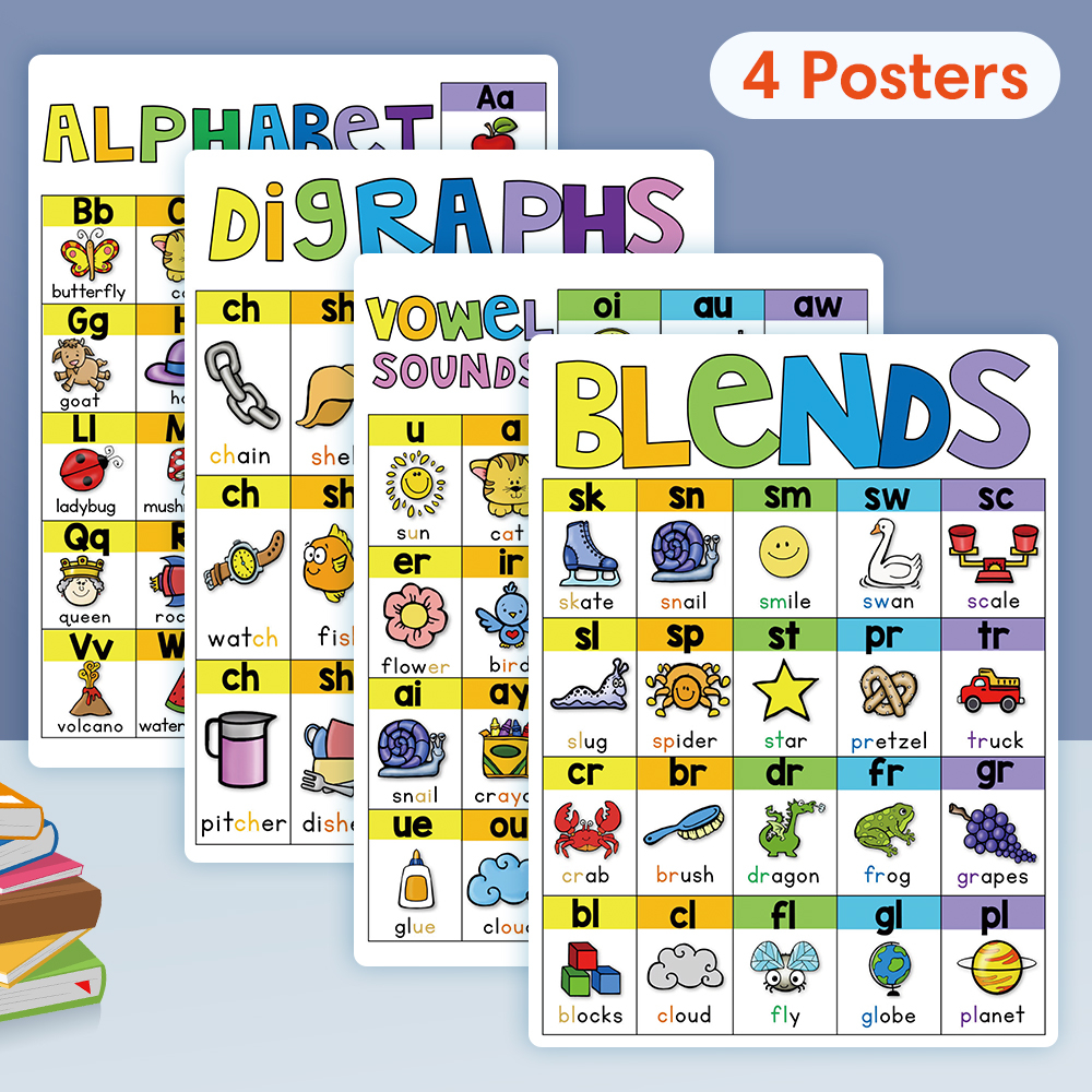 4Pcs/Set English Phonics A4 Posters Early Education Flash Cards ...
