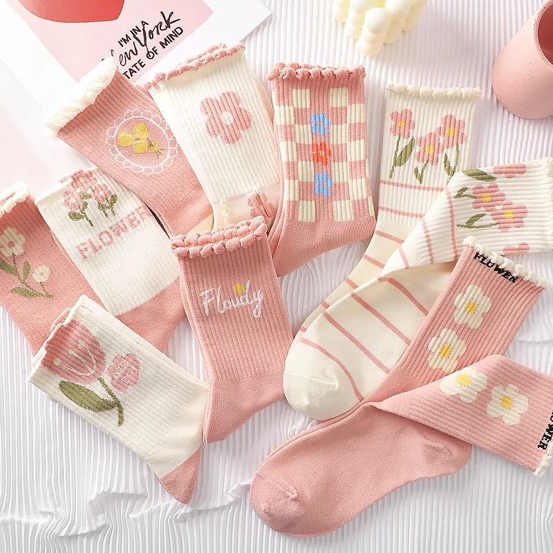 Pink Lace Medium Tube Socks Ins Trend Versatile Stockings Student ...