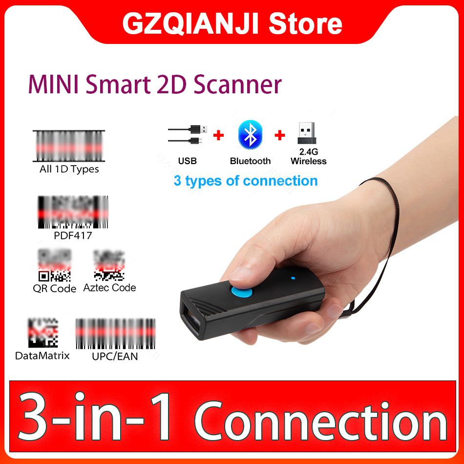 Mini Bluetooth Wireless 1d 2d Portable Barcode Scanner Handheld 3 In 1 Qr Code 2 4g Connection