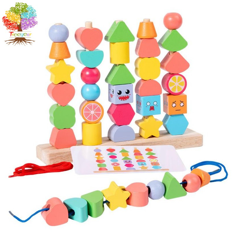 Montessori Wooden Beads Sequencing Toy Set, Stacking Blocks & Lacing ...