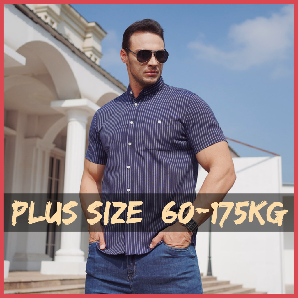 【Plus Size】60-175KG Men Oversized Big Size Loose Fashion Striped Business Short Sleeve Shirts ...