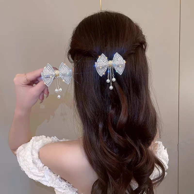 Korean Hair Clip Pearl Bow Tassel Spring Clip Hair Accessories Women ...
